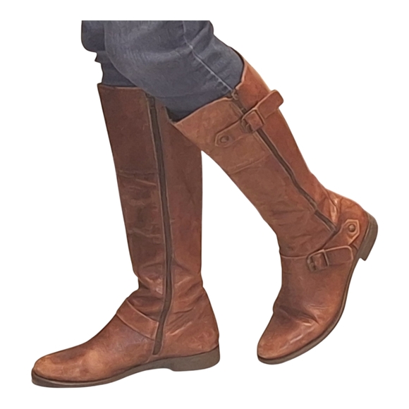 Aldo | Shoes | Aldo Brown Leather Riding Boots Knee High Double Zip ...